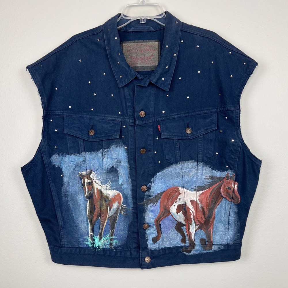 Levi's Hand Painted Vest Cowboy And Horses Sz L - Gem